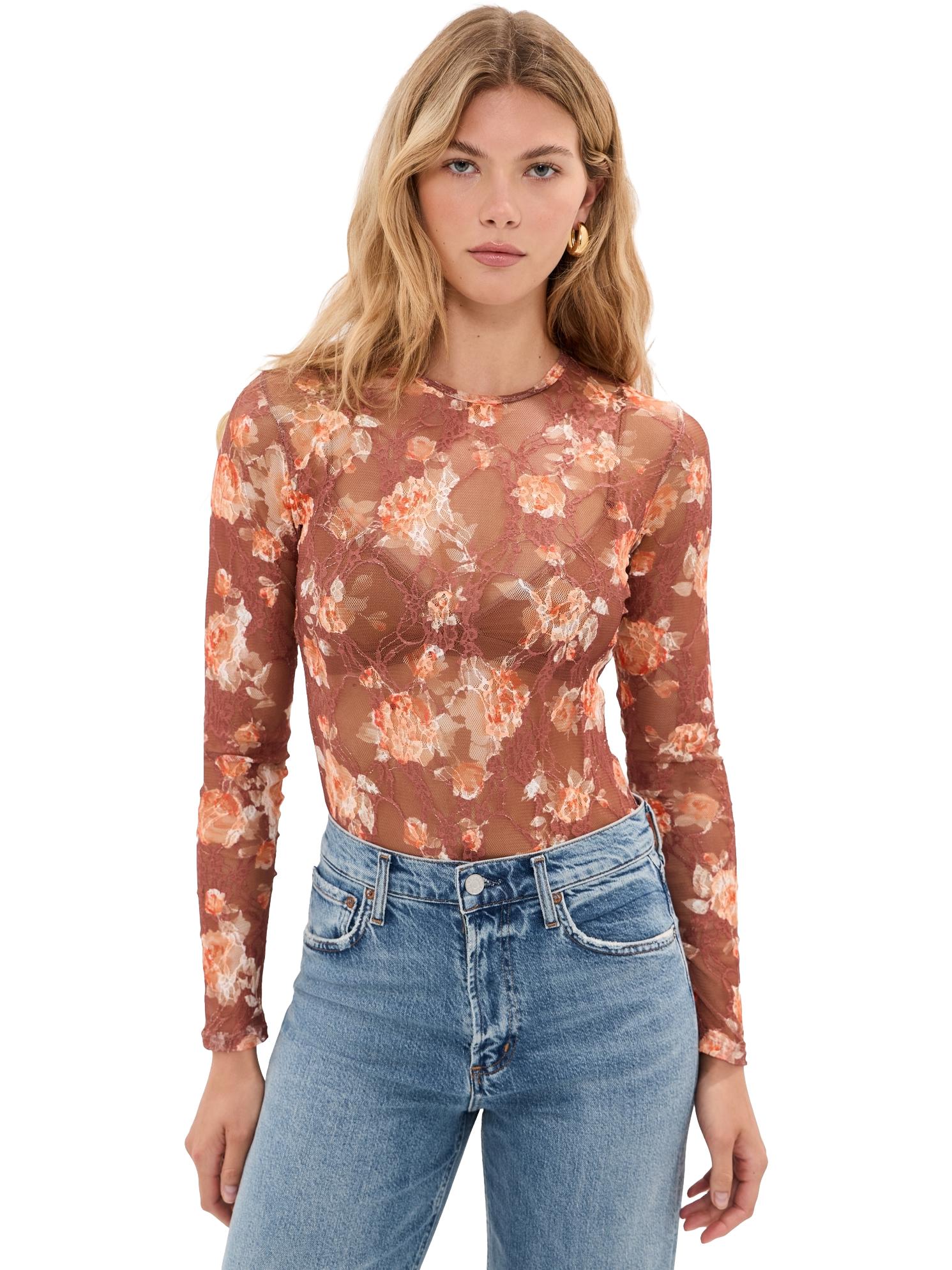 MADELYNNE Madelynne Maple Thong Bodysuit with Floral Print and Long Sleeves